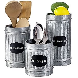 MyGift Rustic Galvanized Corrugated Metal Utensil Holder Storage Canister with Vintage Chalkboard Label, 3 Piece Set