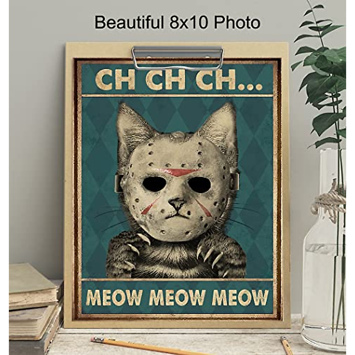 Yellowbird Art & Design Cat Wall Art & Decor - Friday the 13th Wall Art - Halloween Wall Art - Tabby cat Wall Art - Jason Horror Movie - Funny Cat Gifts for Men - Scary Cat Poster - 8x10 UNFRAMED