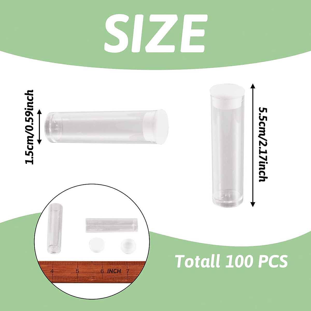 Craftdady 100Pcs Transparent Clear Plastic Small Empty Storage Tubes Bead Container Set Test Bottles Organizers Boxes with Lid 2.16x0.59 (55x15mm)