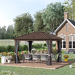 ZZBJ 10' X 12' Outdoor Hardtop Gazebo with Aluminum Frame, Metal Roof Gazebo Canopy with Curtains and Netting