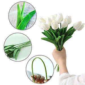 KOILLUXU Artificial Flowers 30pcs Bouquet 14" Tall Real Touch Tulips, White PU Fake Tulips Flowers for Arrangement Wedding Party or Easter Spring Home Centerpiece Dining Room Office Table Decoration