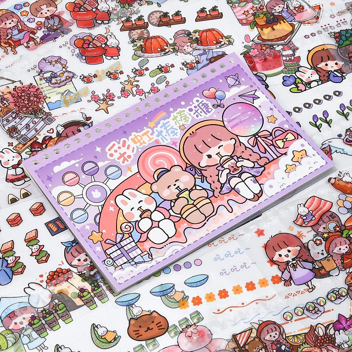 50 Sheets Kawaii Waterproof Transparent Stickers for Kids - Cute Cartoon Letter Stickers Book Scrapbooking Stickers - Best Craft Book Stickers for Kids (Rainbow Lollipop)