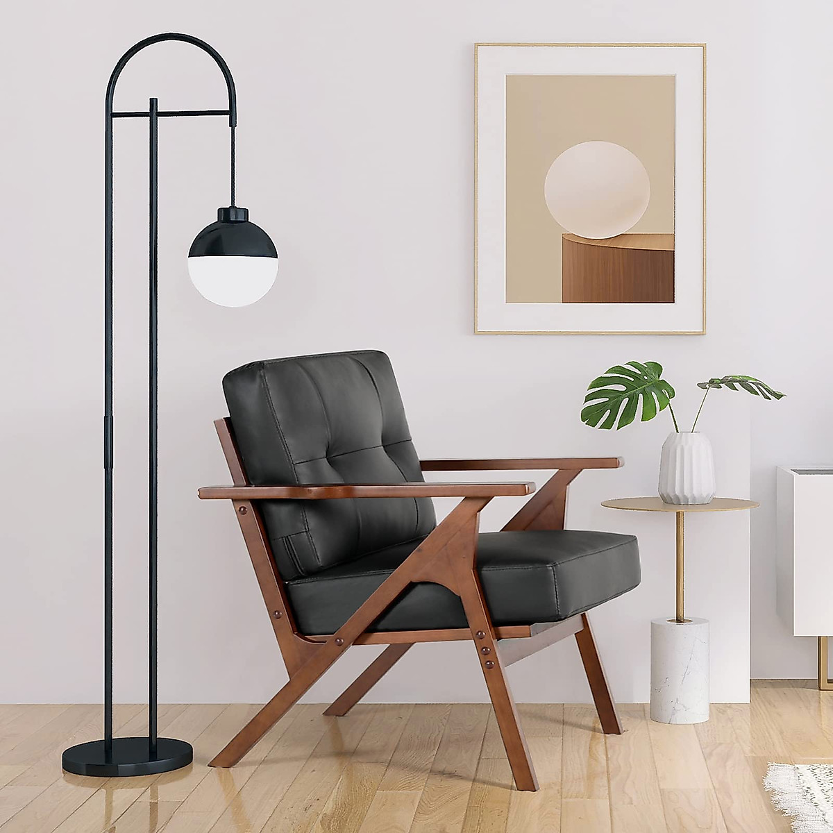 AODAILIHB Mid Century Modern Accent Chair, Retro Wood and Leather Armchairs, Vintage Reading Side Chair Comfy Accent Sofa for Living Room, Bedroom, Studio, Office (1, Black)