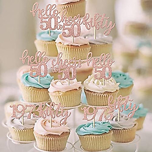 24 Pack 50th Birthday Cupcake Toppers Glitter Fifty Since 1973 Hello 50 Years Birthday Cupcake Picks Cheers to 50 Cake Decorations for Happy 50th Birthday Anniversary Party Supplies Rose Gold