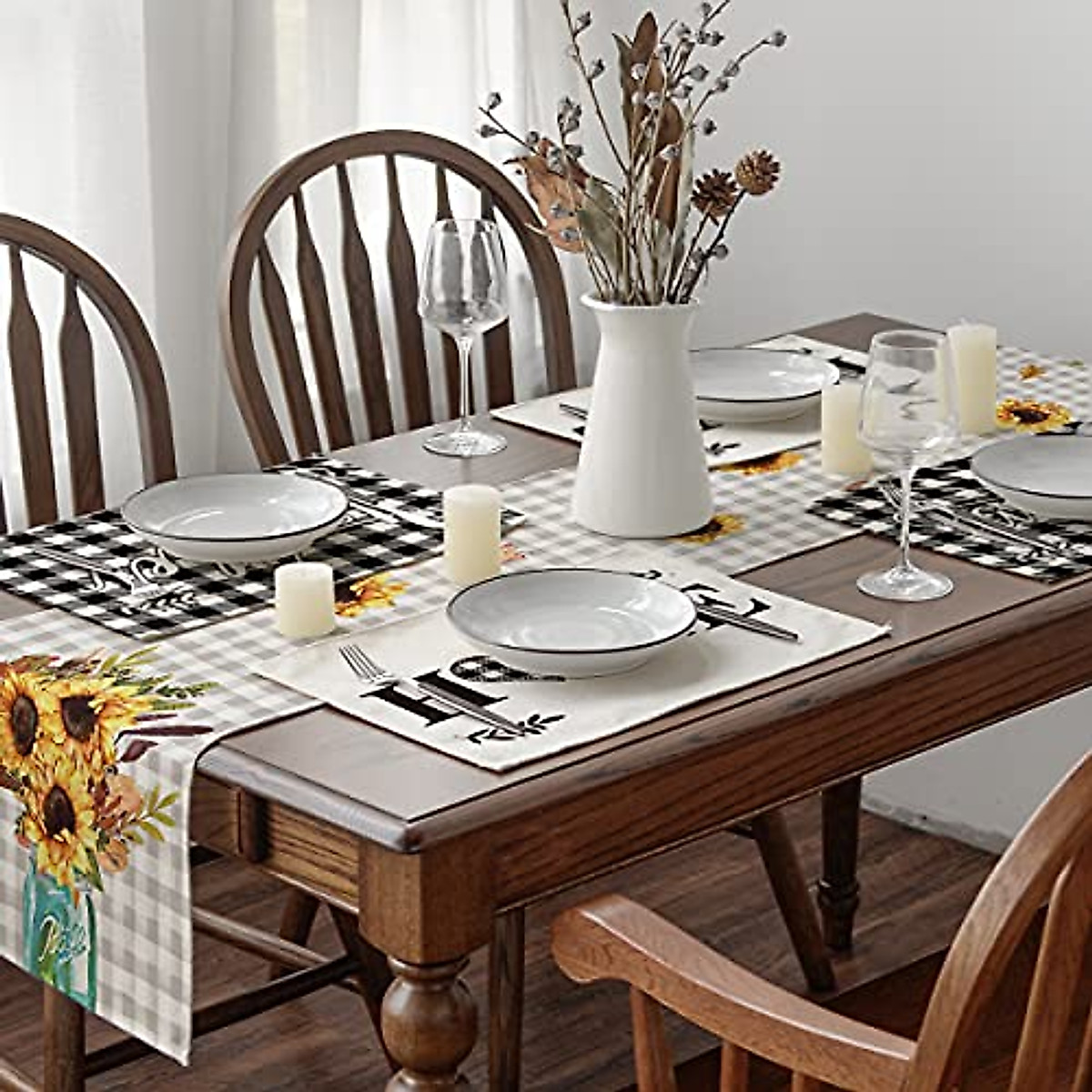 Artoid Mode Love Family Together Home Buffalo Plaid Placemats for Dining Table, 12 x 18 Inch Holiday Vintage Thanksgiving Washable Table Mat Set of 4