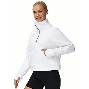 THE GYM PEOPLE Women's Half Zip Pullover Sweatshirt Fleece Stand Collar Crop Sweatshirt with Pockets Thumb Hole White