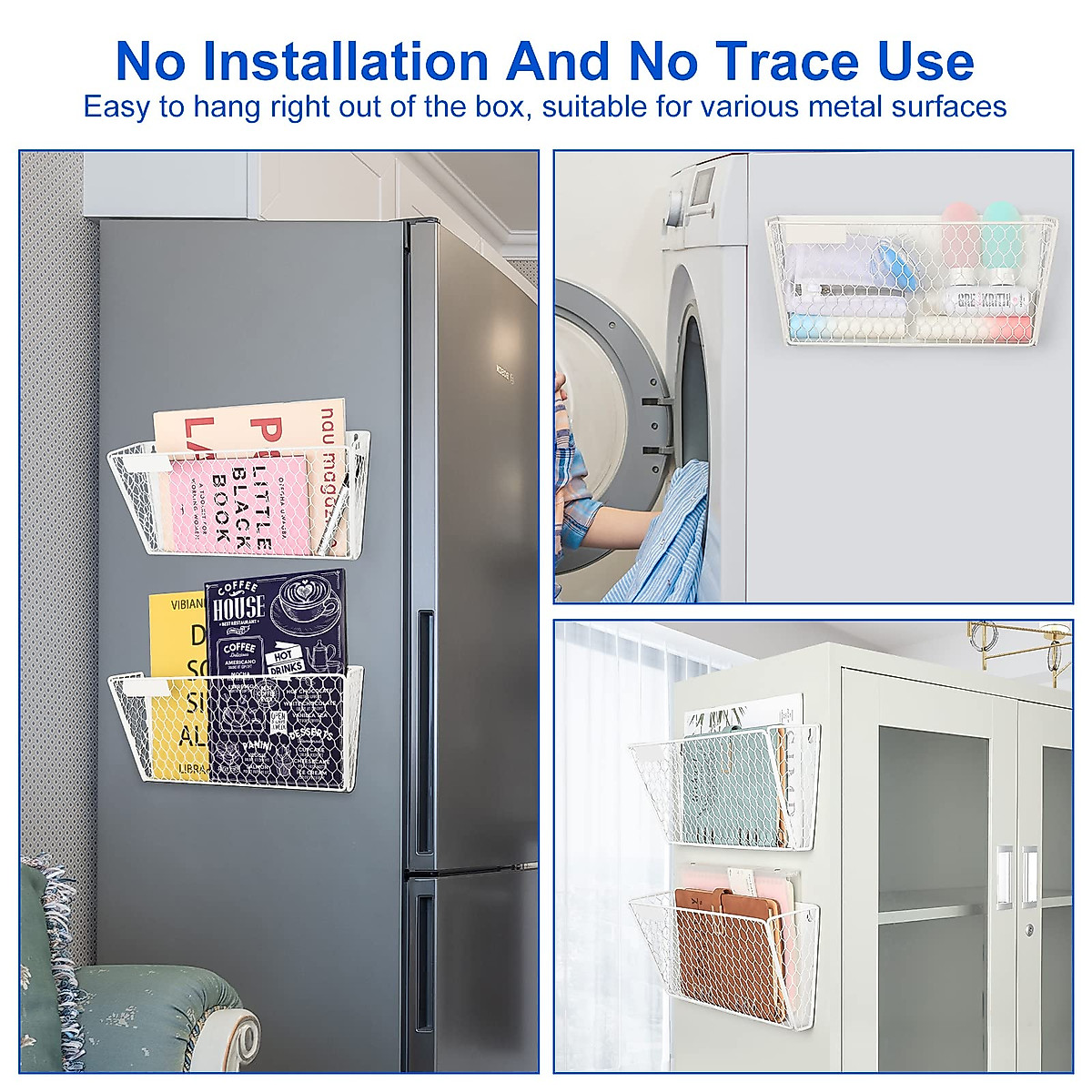 Magnetic File Holder for File Cabinets,1-Tier No Drilling Durable Magnetic Paper Holder, White Mesh Magnetic File Organizer for Refrigerator, Magazine Organizer, Writing Label Included (2 packs)