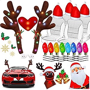 Tallew 36 Pieces Christmas Reindeer Antlers Car Decoration Kit with Light Bulb Lamp Santa Claus Reindeer Santa Hat Car Seat Headrest Cover for Car Accessories Christmas Car Decoration