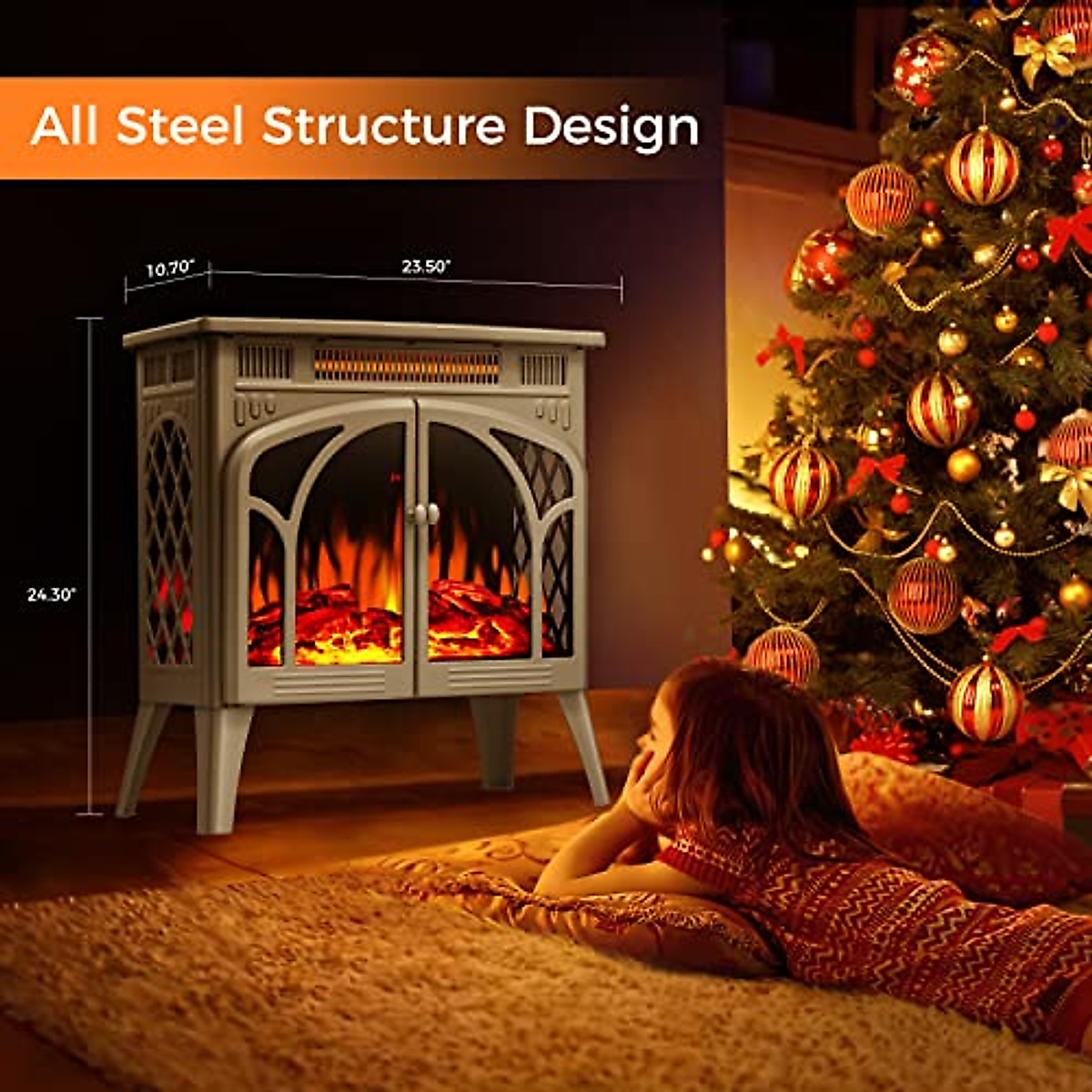 Antarctic Star Electric Fireplace Stove, Electric Fireplace Heater Freestanding with 3D Logs and Realistic Flame, Remote Control, Overheating Protection & All Steel Design, Adjustable Brightness Beige