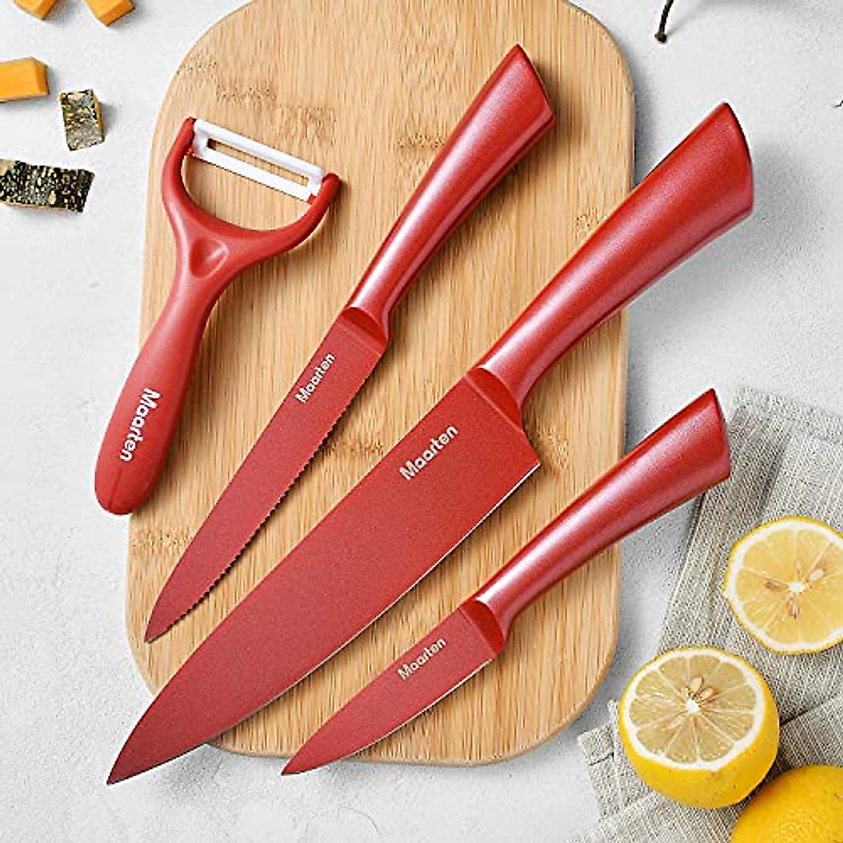 Maarten Kitchen Knives Set - 4 Piece Stainless Steel Chef Knife Set with Sheath - Boxed Knife Sets Gifts for Family (Red)