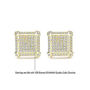 18K Gold Plated 925 Sterling Silver Iced Out Cubic Zirconia Screw Back Square Stud Earring For Men and Women Hypoallergenic Earring TwoTone Micropave Hip Hop Jewelry-Gold