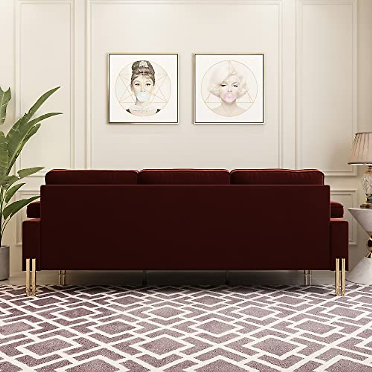 Yoglad Living Room 3 Seat Sofa, Chesterfield Couch with Luxury Golden Metal Legs Decor, Low-Seat Height Upholstered Futon Sofa, for Apartment, Dorm, Reception (93 Inch, Velvet, Wine Red)