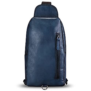 FEIGITOR Genuine Leather Sling Bag Handmade Retro Crossbody Sling Backpack Purse Chest Shoulder Hiking Daypack Fanny Pack (Blue)