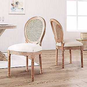 Recaceik French Country Dining Chair Set of 2, Farmhouse Dining Room Chairs with Rattan Round Back & Rubber Wood Legs Finish, Upholstered Kitchen Chairs for Dining Room/Living Room/Restaurant, Beige