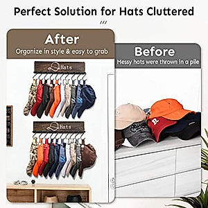 FANGSUN Hat Rack for Wall, Wooden Baseball Cap Organizer with 20 Hooks, Metal Rustic Hat Pattern Hat Display Rack, Ball Cap Hanger Wall Mounted Hat Storage Holder for Closet Bedroom Entry, Set of 2