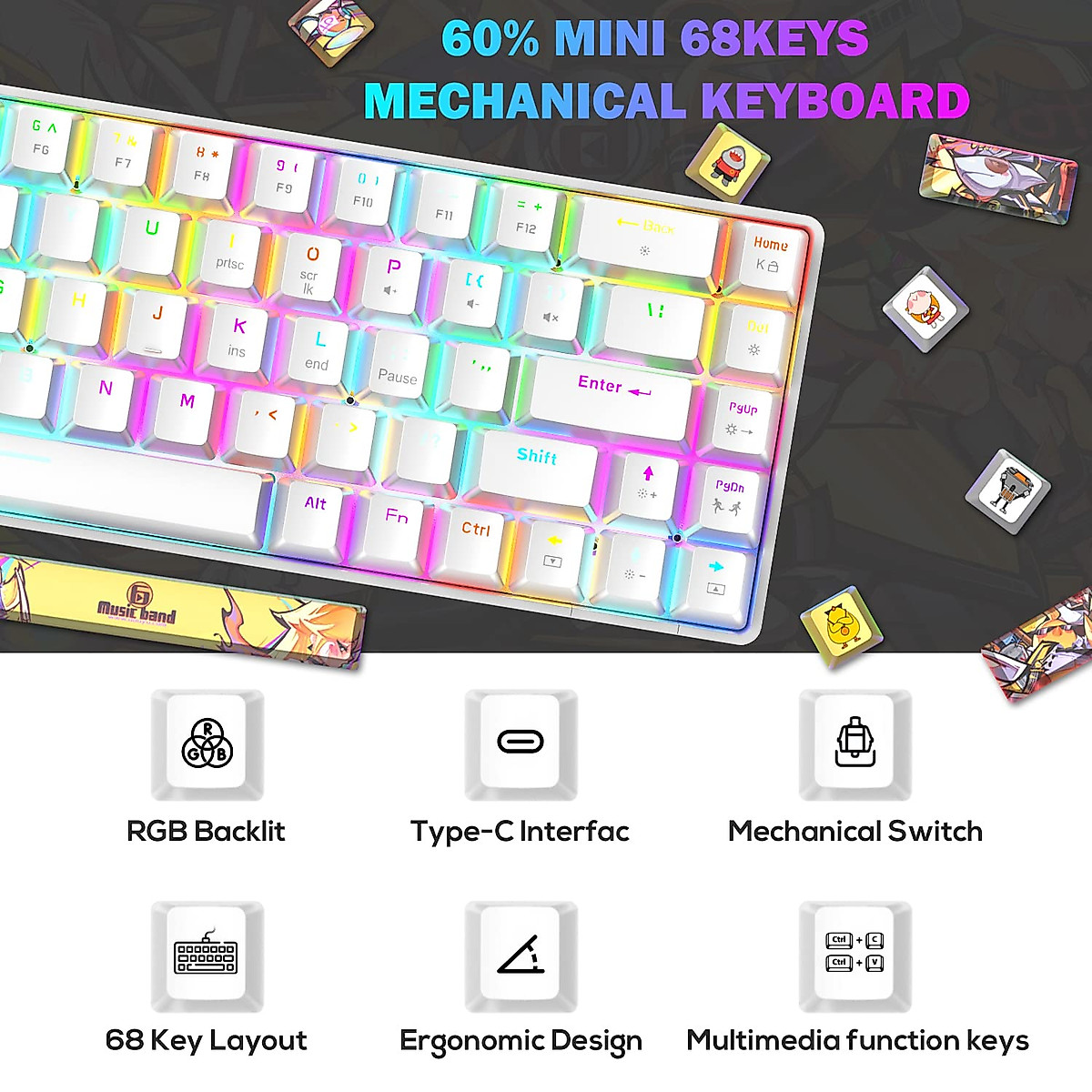 Portable 60% Mechanical Gaming Keyboard 18 Chroma RGB Backlit Ultra-Compact 68 Keys Dye Sublimation PBT Ergonomic Full Keys Anti-ghosting Compatible with PS4,PS5,PC,Gamers,Typist(White/Red Switch)