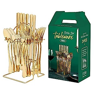 Budvibe 24 PCS Silverware Flatware Cutlery Set for 6 with Holder, Heavy Duty Stainless Steel Mirror Polished Gift Package Utensils for Home, Weddings, Hotels, Kitchen (Gold)