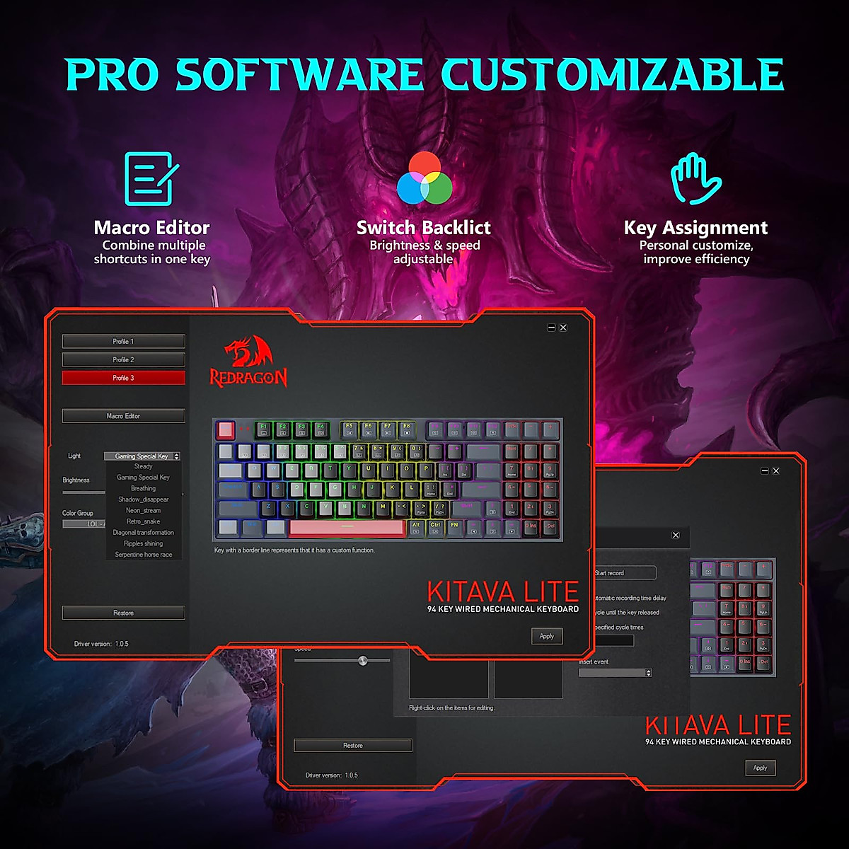 Redragon Mechanical Gaming Keyboard, Wired Mechanical Keyboard with 94 Keys, Programmable Macro Editing, Numeric Pad, Red Switches, Compact Keyboard Mechanical for Pc Mac Ipad, Black Gray