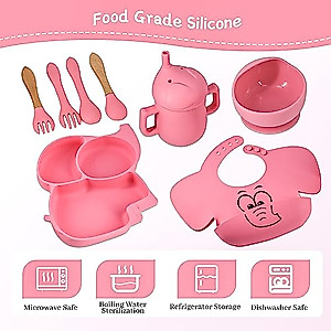 Silicone Baby Feeding Set,11Pack Toddlers Weaning Feeding Sippy Cup with Straw and Lid,Baby Bibs,Bowl Plate with Suction,Baby Feeding Supplies Set (Elephant_Light Pink)