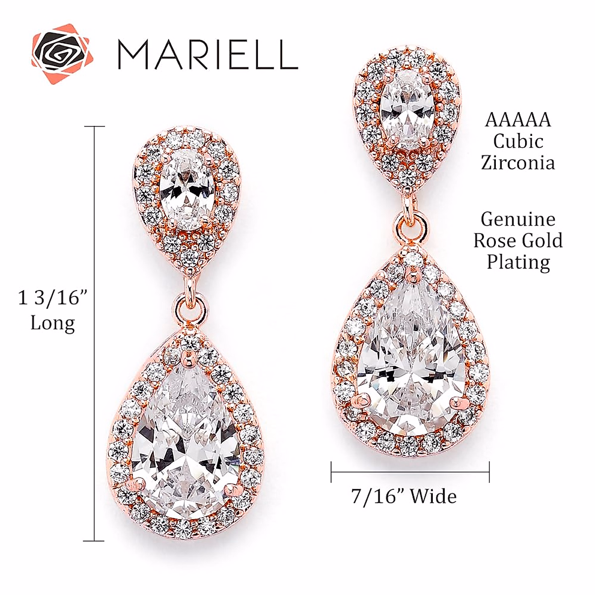 Mariell Rose Gold Cubic Zirconia Crystal Teardrop Dangle Bridal and Wedding Earrings, CZ Jewelry for Brides, Bridesmaids, Homecoming, Prom and Dressy Everyday Wear