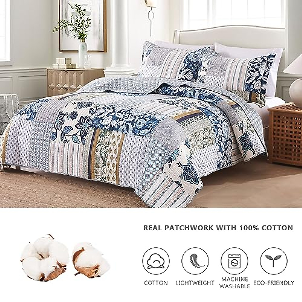 Secgo Quilt King Size - 100% Cotton Bedding Set (98 * 106 Inch) with 2 Pillow Shams, Patchwork Reversible Lightweight Bedspread, Quilted Coverlet Fit All-Season