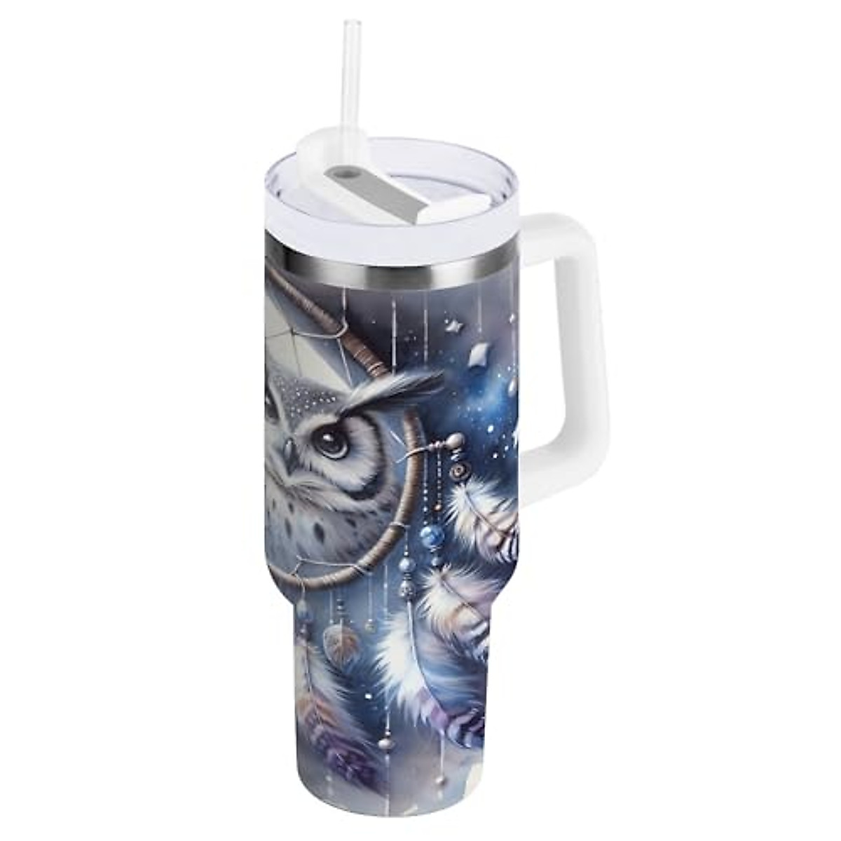 Maunzc 30 oz Tumbler with Handle and Straw, Insulated Stainless Steel Travel Mug with Lid for Coffee, Iced Tea, Water, Gift for Men Women (Dreacatcher Owl)