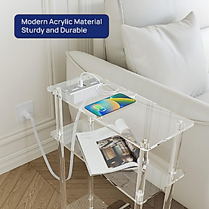 HMYHUM Acrylic Narrow Side Table with Charging Station, 7" Width, 3 Tier Small End Table for Small Spaces, Skinny Nightstand/Bedside Table with USB Ports & Outlet, Clear