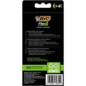 BIC Flex 4 Refillable Men's Disposable Razors, For a Smooth, Ultra-Close and Comfortable Shave, 1 Handle and 4 Cartridges, 5 Piece Razor Set