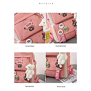 MOJIDUO 5Pcs Set Kawaii Backpack with cute plush Pendants & Badge,19 gallon capacity School Bag Cute Aesthetic Backpack