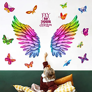 WOYINIS Colorful Giant Angle Wings Wall Decals Fly to Your Dream Wings Butterflies Wall Stickers Peel and Stick Kids Wall Decals Feather Wing Wall Decor for Girls Bedroom Baby Nursery Room