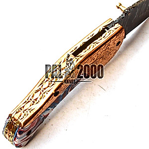 PAL 2000 HUNTING KNIVES FPK-9779 Folding Hunter Damascus Steel Pocket Knife with Sheath Handmade