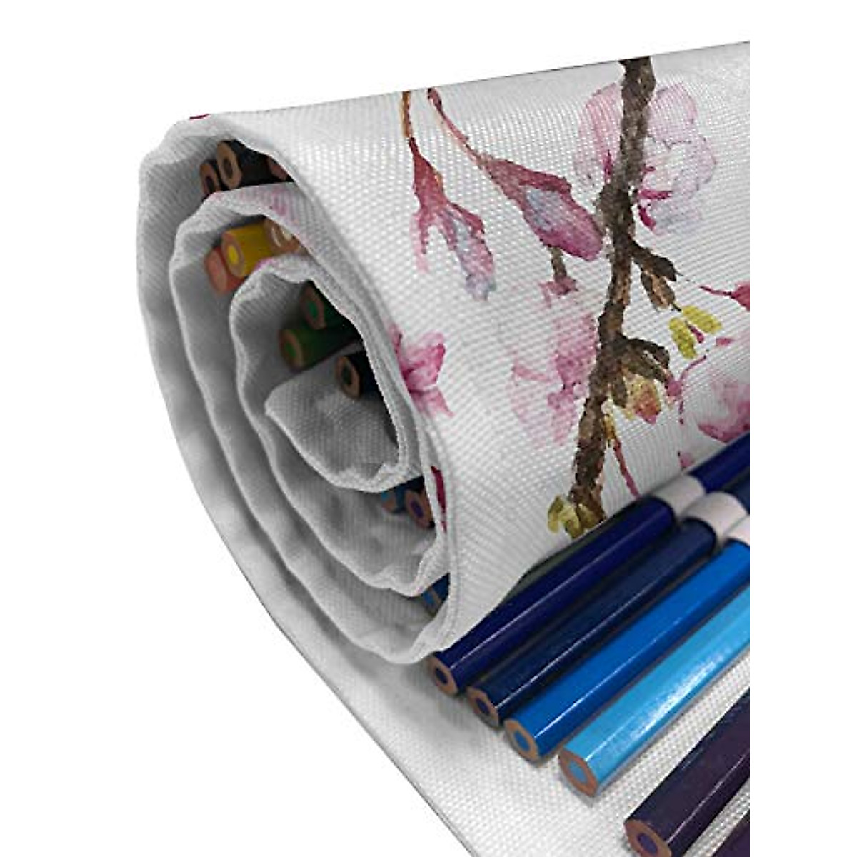 Ambesonne Cherry Blossom Roll Up Pencil Holder, Watercolor Style Oriental Pattern with Sakura Branch, Painting Drawing Pencils Case for Artists Students, 72 Loops, Hot Pink Green Brown