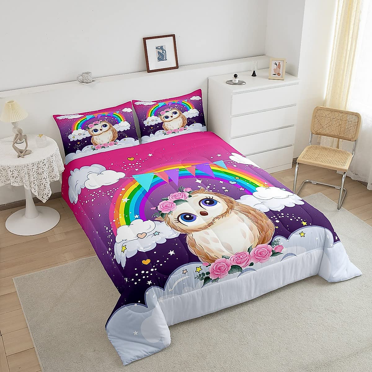 Erosebridal Rainbow Comforter Set Full,Cartoon Animal Owl Bedding for Kids Girls,Glitter Galaxy Clouds Stars Bedding Comforter Sets,Watercolor Dreamy Artwork Duvet Insert with 2 Pillowcases
