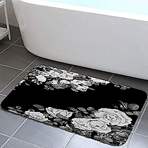 Jipusai Black and White Rose Shower Curtain Sets for Bathroom, White Gray Blossom Floral Bath Curatin Sets with Non-Slip Rugs, Toilet Lid Cover and Bath Mat