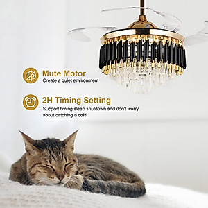 MoreChange 42" Fandalier Ceiling Fans with Lights Retractable Blades Remote Control Modern Chandelier Ceiling Fan 3 Speeds 3 Color Changes Lighting Fixtures, Silent Motor with LED Kits(Gold+Black)