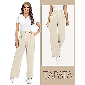 Tapata Womens Wide Leg High Waist Straight Leg Casual Pants Stretch Comfy Pockets Relaxed Fit, Beige, 6