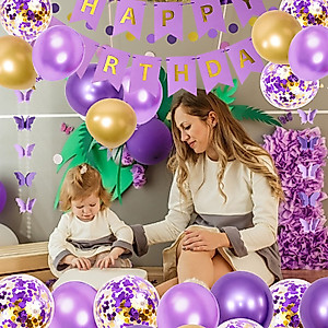 Ouddy Party Purple Birthday Decorations for Women Girls Butterfly Hanging Garland Happy Birthday and Circle Dots Banner Purple Gold Balloons Paper Flowers Cake Toppers for Birthday Party Supplies