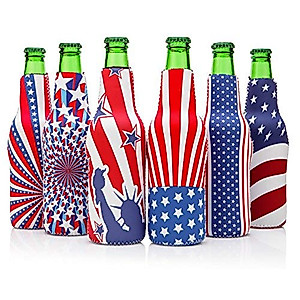 Beer Bottle sleeves - Set of 6 Zipper American Flag Theme Coolies - Extra Thick Neoprene - Fully stitched, Non-Glued Base - Bonus Bottle Opener - Trendy & Awesome Gift or Hosting Item #6USF