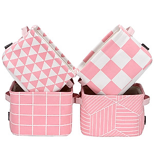 Sea Team Foldable Mini Square New Pink and White Geometric Theme 100% Natural Linen & Cotton Fabric Storage Bins Storage Baskets Organizers for Shelves & Desks - Set of 4 (Pink)