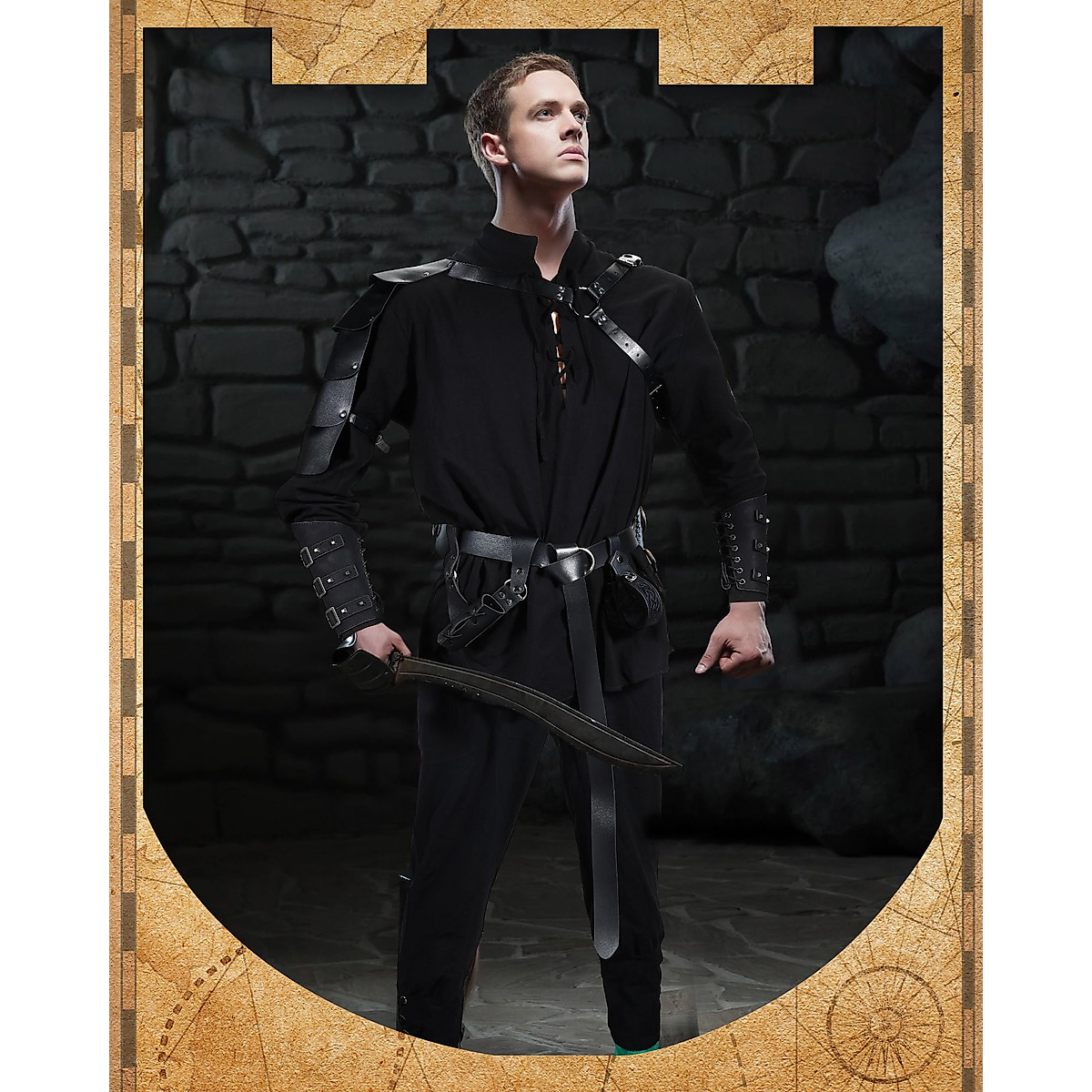 Panitay 8 Pcs Halloween Men's Renaissance Costume Set Medieval Viking Shirt Pant Belt Cape Bracer Sword Bag(Large,Stylish Color)