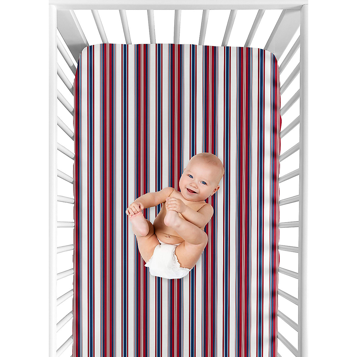 Sweet Jojo Designs Red, White and Blue Striped Baby or Toddler Fitted Crib Sheet for Baseball Patch Sports Collection