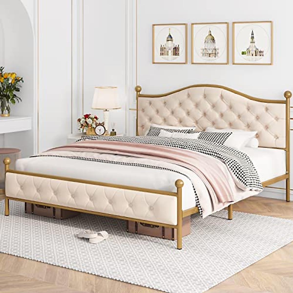 HIFIT Queen Size Platform Bed Frame with Elegant Button Tufted Curved Headboard, Velvet Upholstered Bed Frame with No Noise, Heavy Duty Metal Frame Foundation, No Box Spring Needed, Gold-Beige