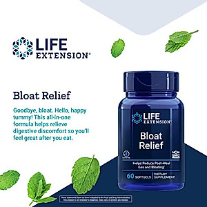 Life Extension Bloat Relief Helps Relieve Occasional Gas & Bloating After Meals, Post-Meal Comfort Support Turmeric, Artichoke & Ginger Extract, Fennel Seed Oil – Gluten-Free, Non-GMO - 60 Softgels