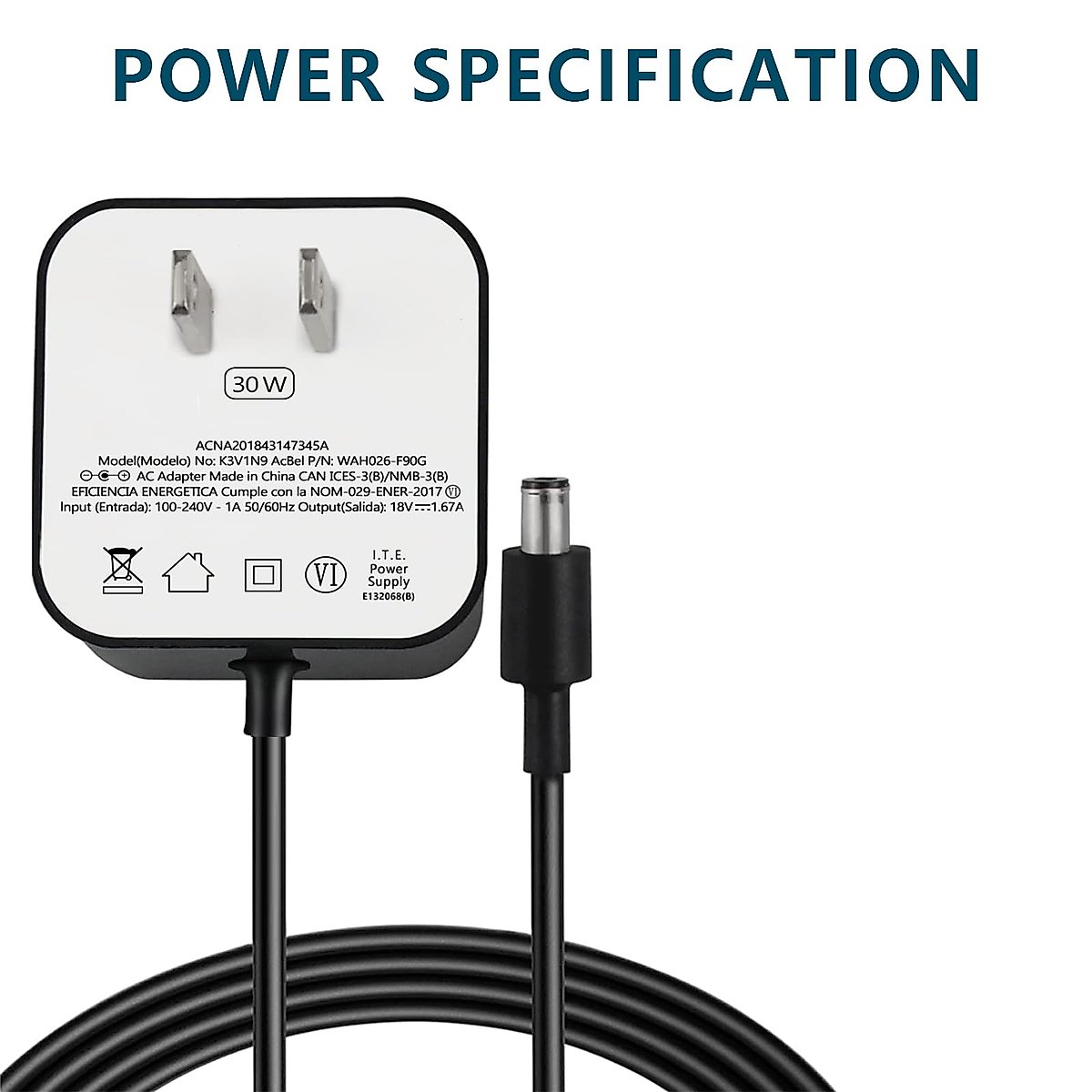 ZTTXL 30W Power Adapter for Echo (4th Gen), Echo (3rd Gen), Echo Show 10 (3rd Gen), Echo Show (2nd Gen), Echo Show 8, and Echo Plus (2nd Gen), 5.8Ft AC Adapter Power Cord