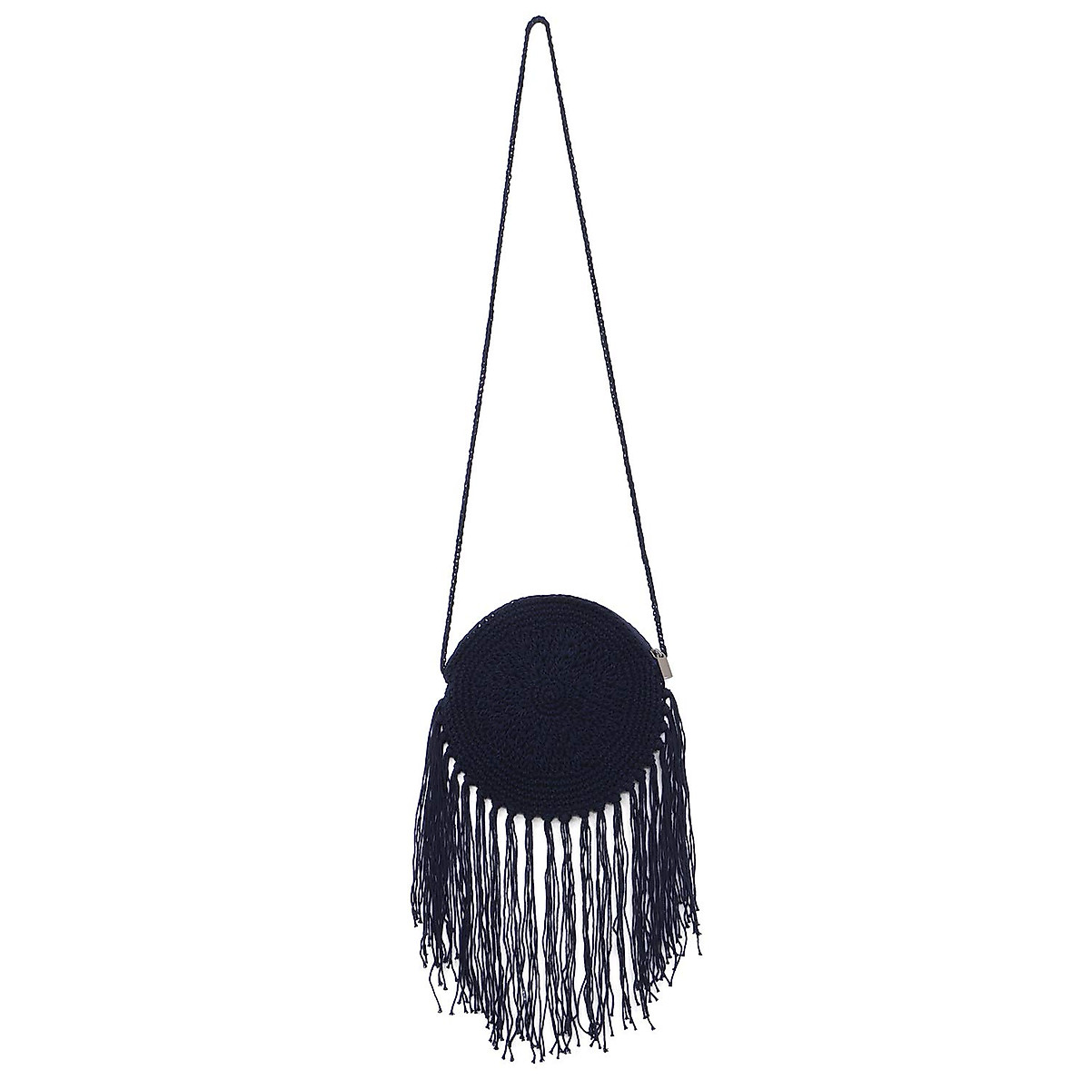 QTKJ Boho Long Cotton Tassels Crochet Flower Mini Crossbody Bag Handwoven Summer Beach Round Shoulder Bag with Zipper (Navy Blue)