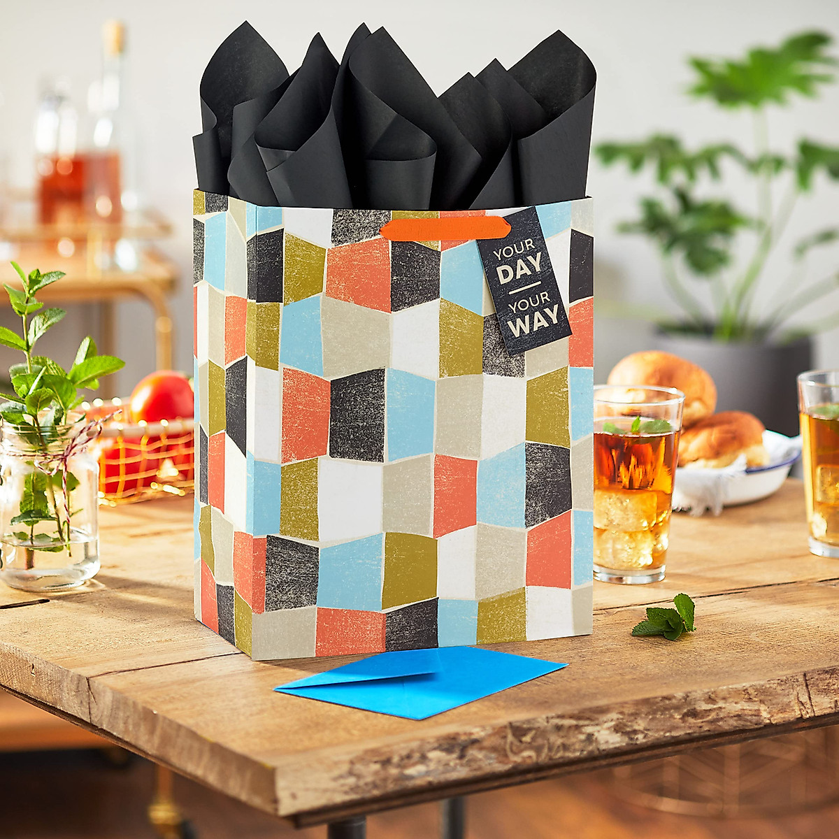 Hallmark Wrap 13" Large Gift Bag with Tissue Paper, 130, Orange, Blue, Green, Black