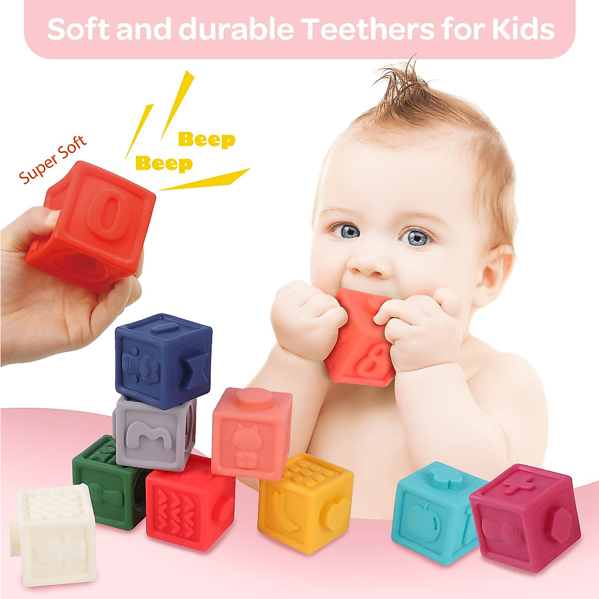 TOOKYLAND Soft Stacking Blocks for Baby Building Blocks Montessori Sensory Infant Toys, Educational Baby Toys 6 Months & Up with Numbers, Shapes, Fruits, Animals & Textures