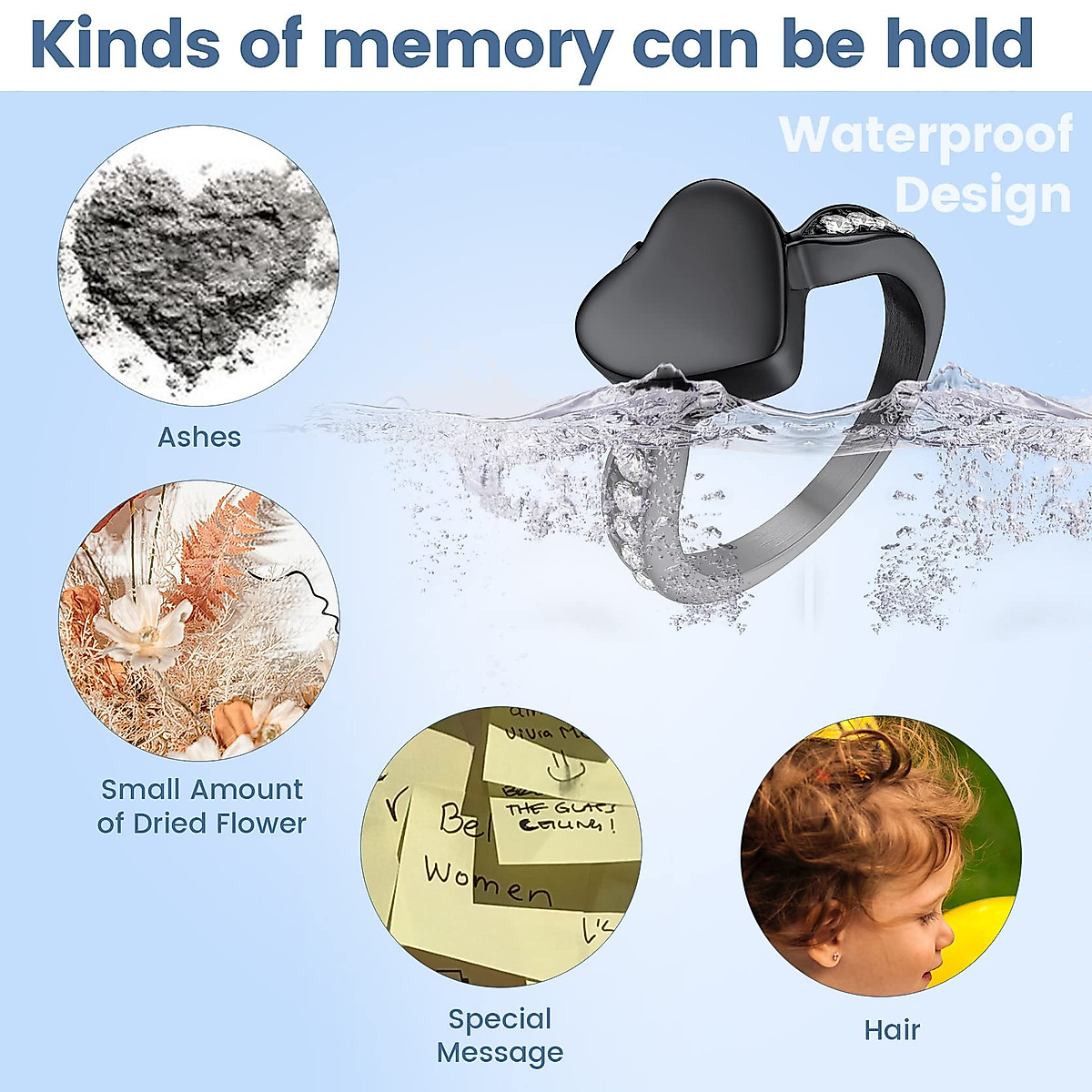 KeyStyle Heart Cremation Urn Rings For Women, Stainless Steel Heart Memorial Ring Size 8