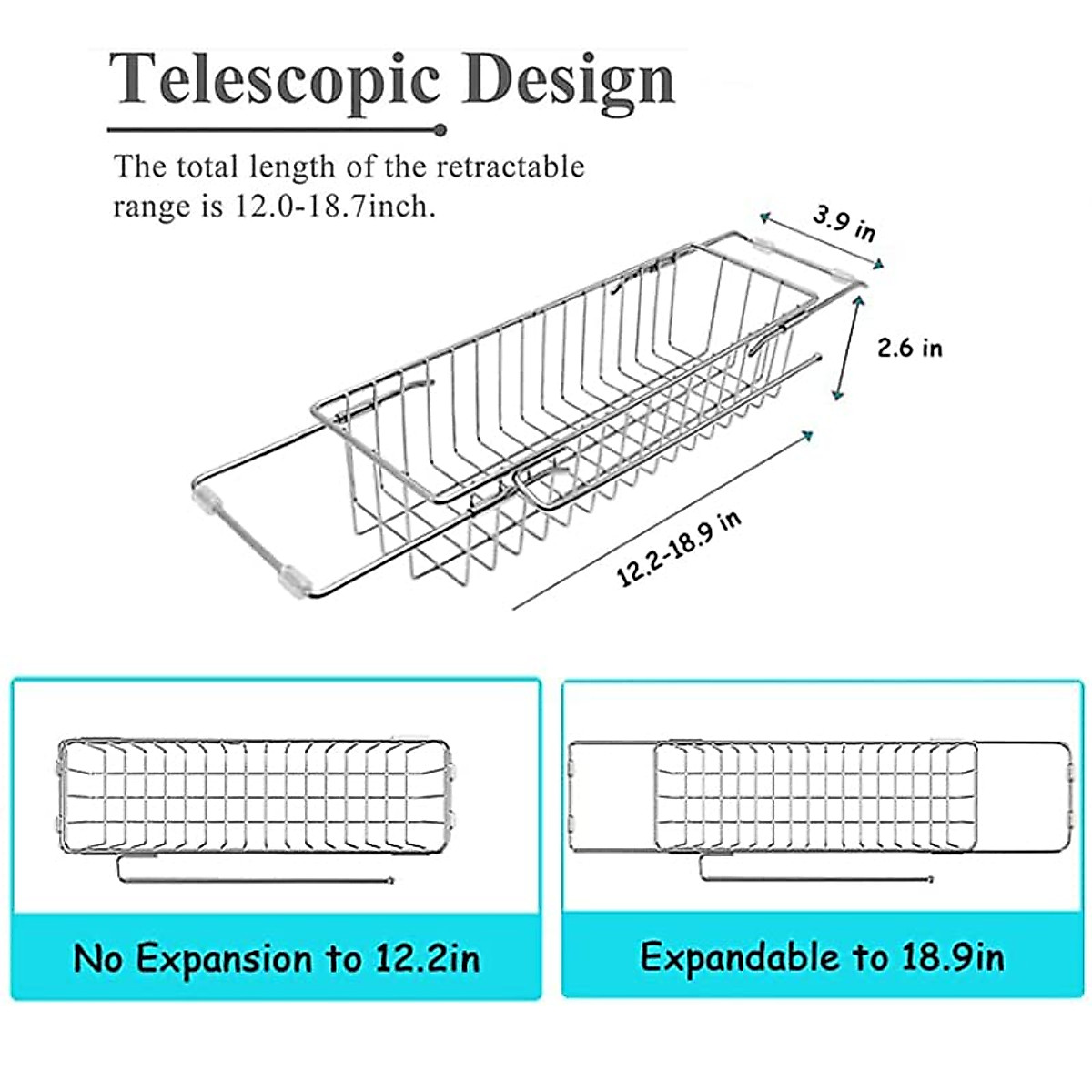 Kitchen Sink Caddy Sponge Holder, Kitchen Sink Caddy Expandable with Dish Cloth Hanger, Stainless Steel Kitchen Sink Organizer Drying Rack Basket, No Drilling