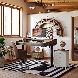FEZIBO 55" Whole-Piece Standing Desk Adjustable Height with drawers, 55 x 24 inches Electric Adjustable Desk with Monitor Shelf, Sit Stand Rising Desk with baffle, Black Walnut